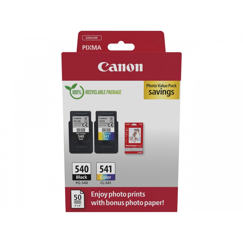 Inktpatronen Canon PG-540 CL-541 - Pack Zwart en kleur + 50 vellen ...